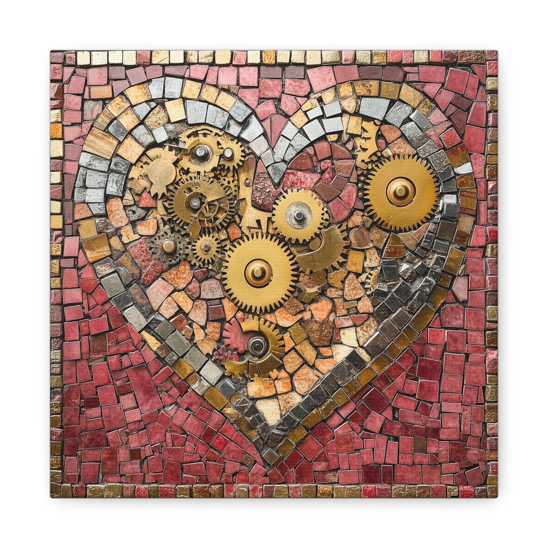 Steampunk Heart, Mosaic Artwork Canvas of a Heart With Gears, Mosaic ...