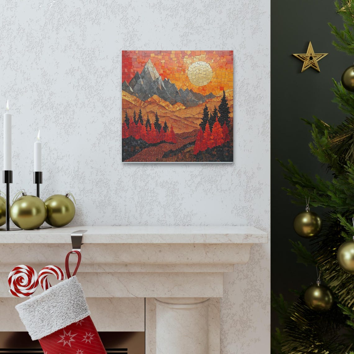 Fiery Mountain Sunset - Mosaic Artwork Canvas of a Majestic Mountain ...
