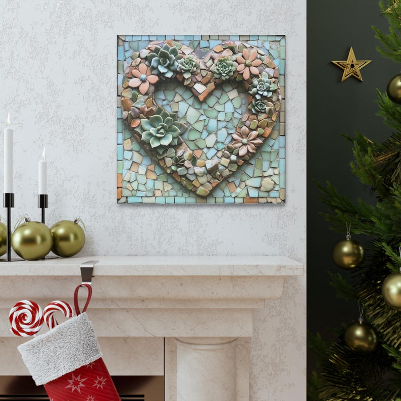 Succulent Heart, Mosaic Artwork Canvas of a Heart With Succulents and ...