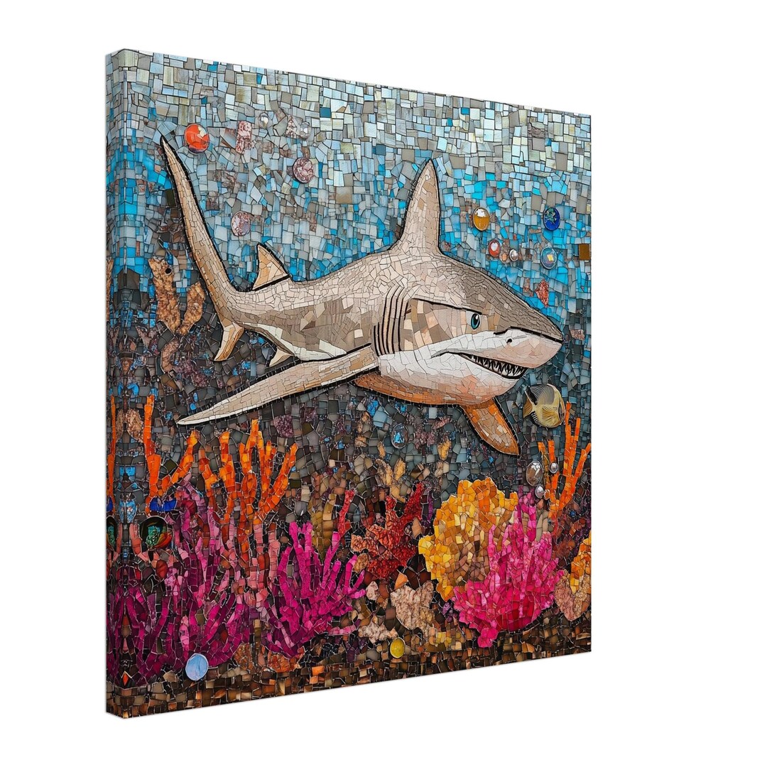 Vibrant Reef Hunter, Mosaic Artwork Canvas of a Reef Shark, Mosaic Tile ...