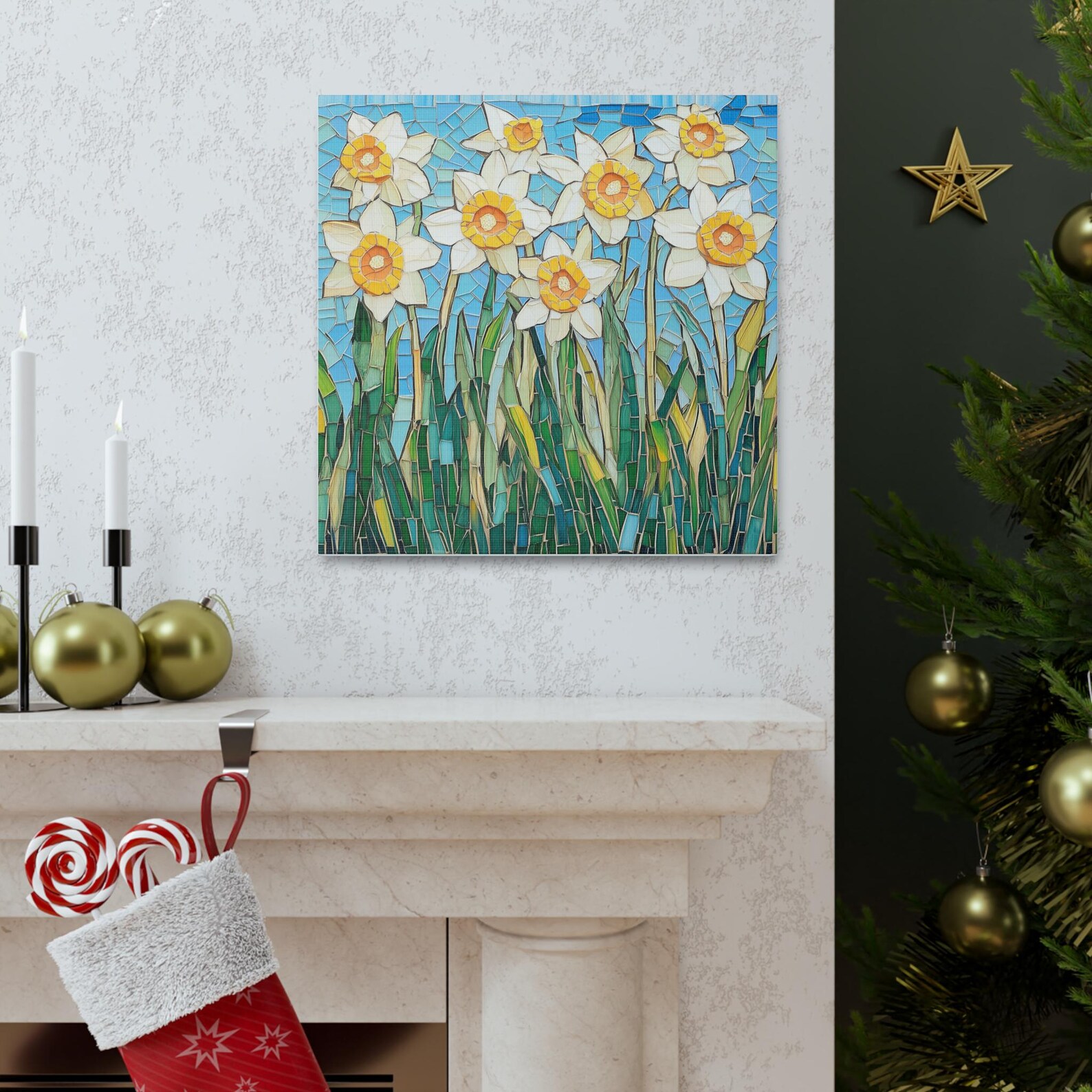 Golden Daffodil Dance, Mosaic Artwork Canvas of Blooming Daffodils ...