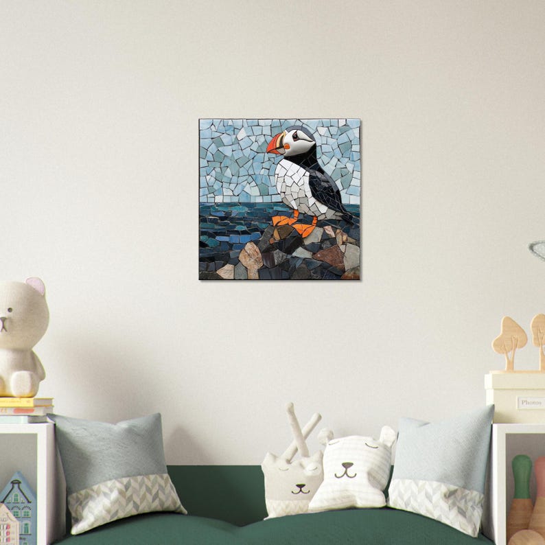 Charming Puffin Perch, Mosaic Artwork Canvas of a Seabird on Rocks ...