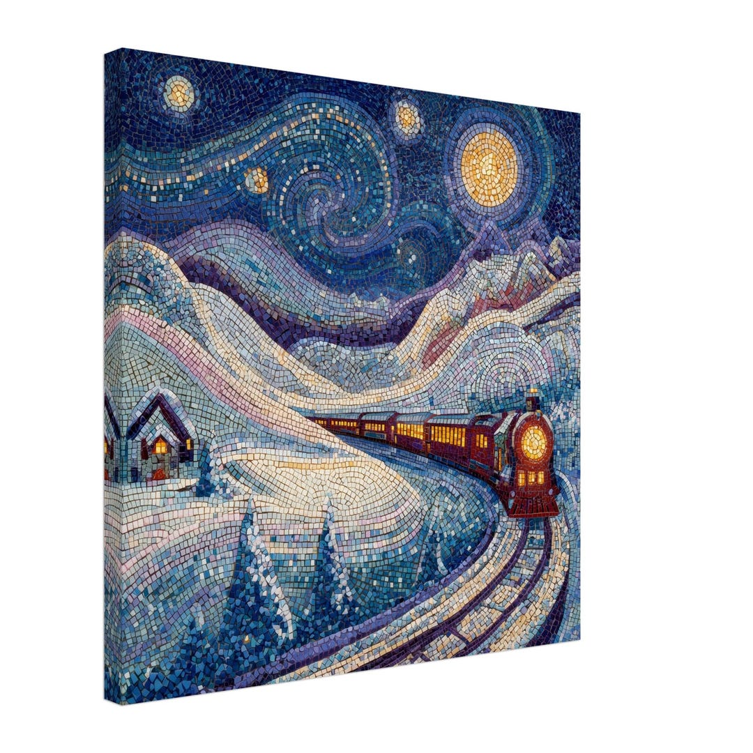Starry Night Train, Mosaic Artwork Canvas of a Train in a Snowy ...