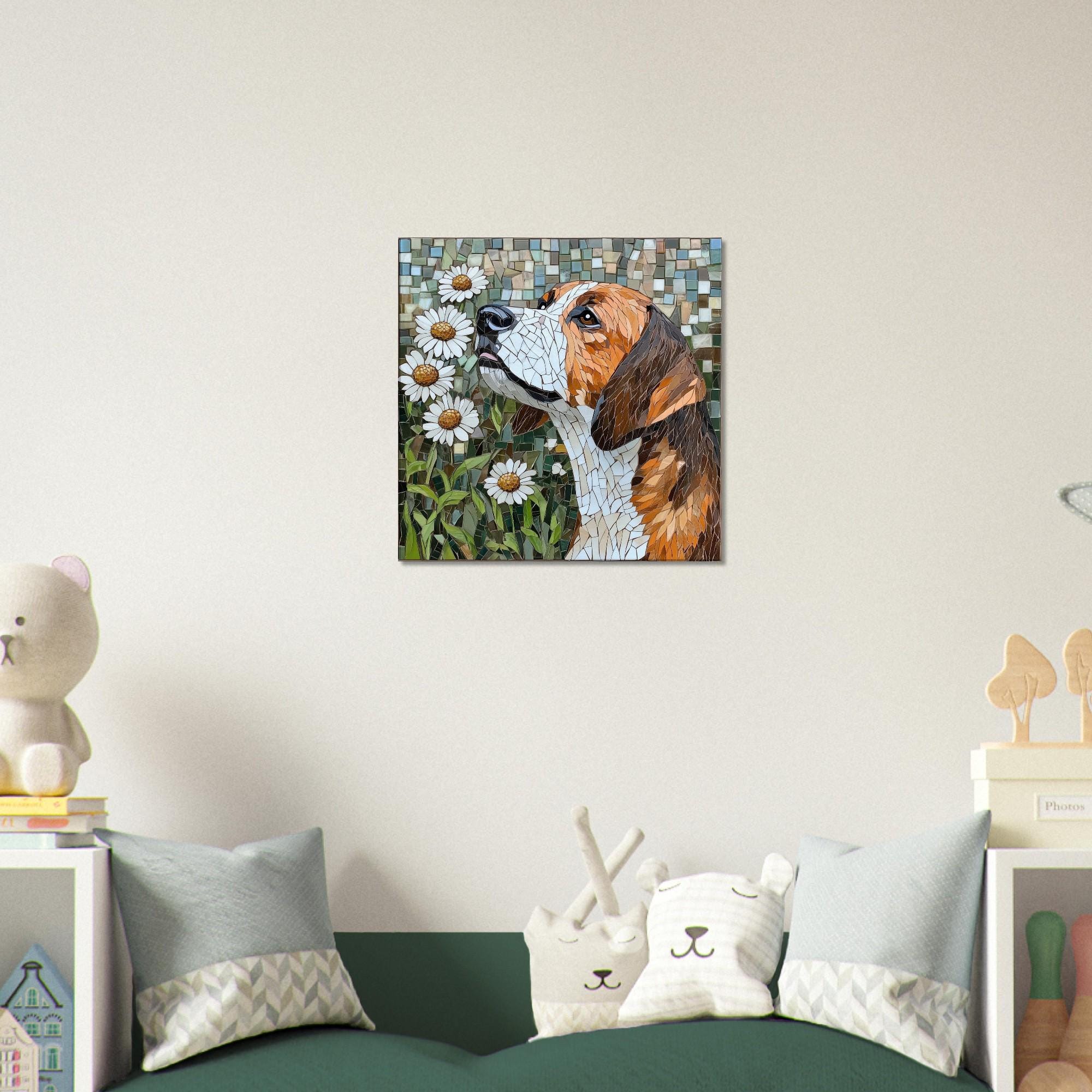 Daisy Dreams Dog, Mosaic Artwork Canvas of a Beagle With Flowers ...