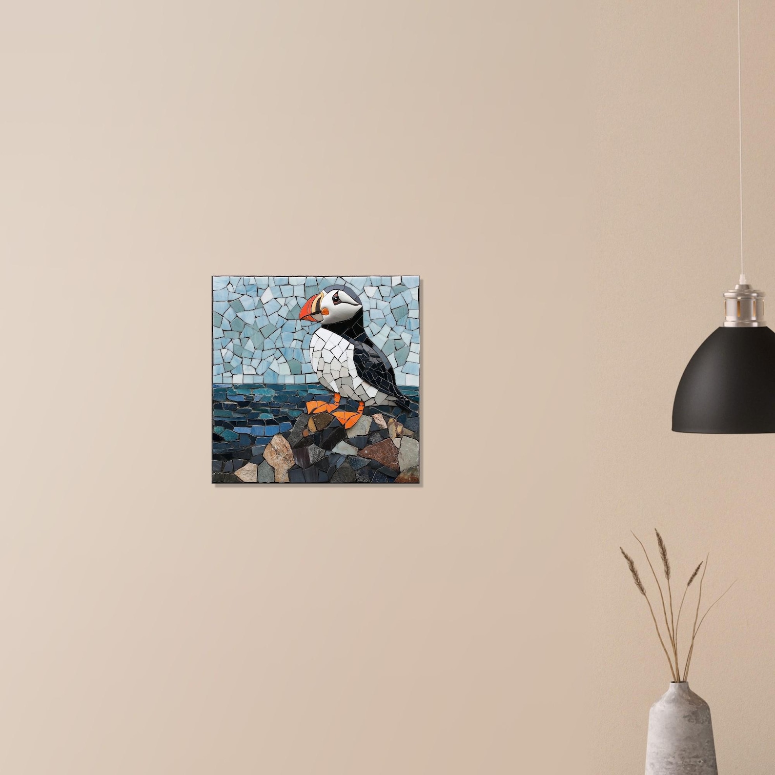 Charming Puffin Perch, Mosaic Artwork Canvas of a Seabird on Rocks ...