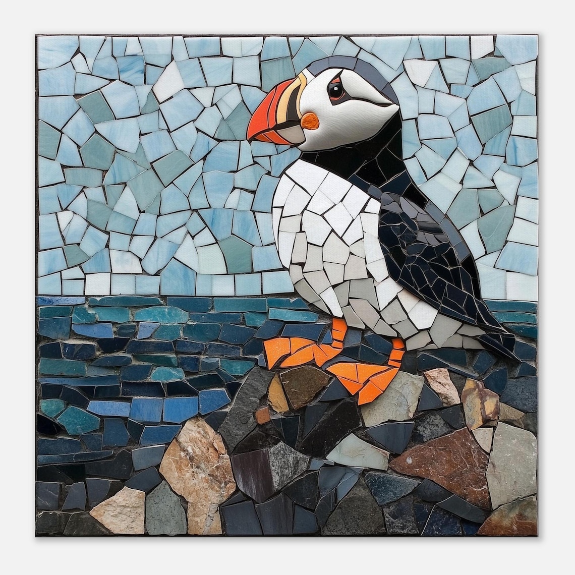 Charming Puffin Perch, Mosaic Artwork Canvas of a Seabird on Rocks ...