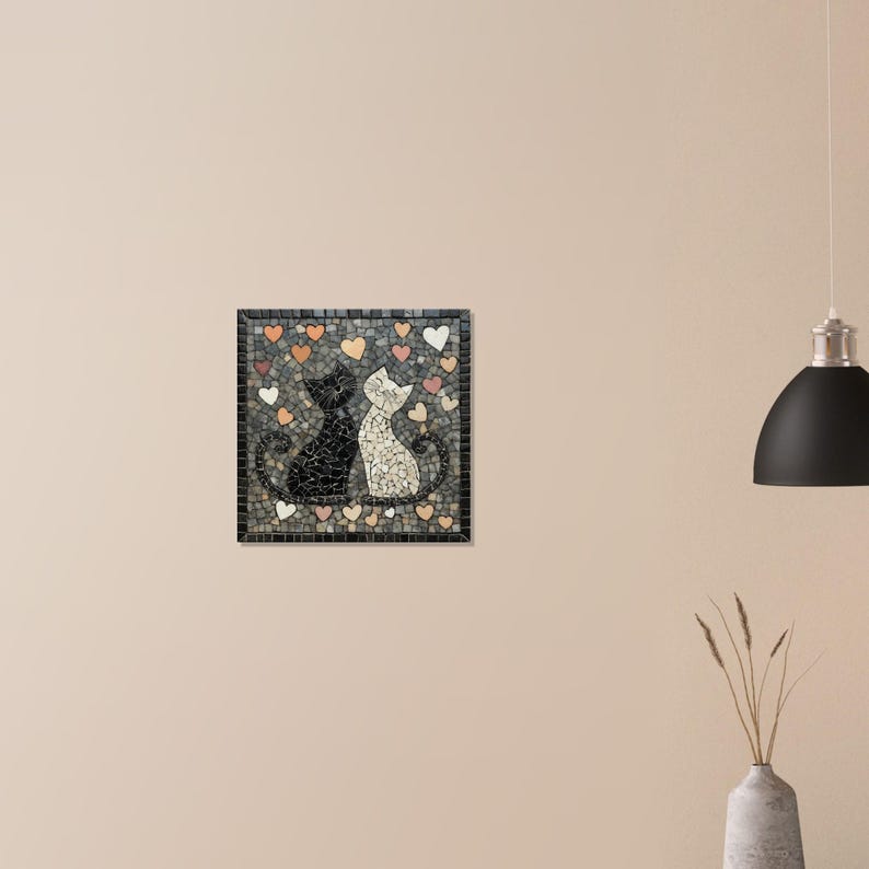 Affectionate Felines, Mosaic Artwork Canvas of Two Cats With Hearts ...
