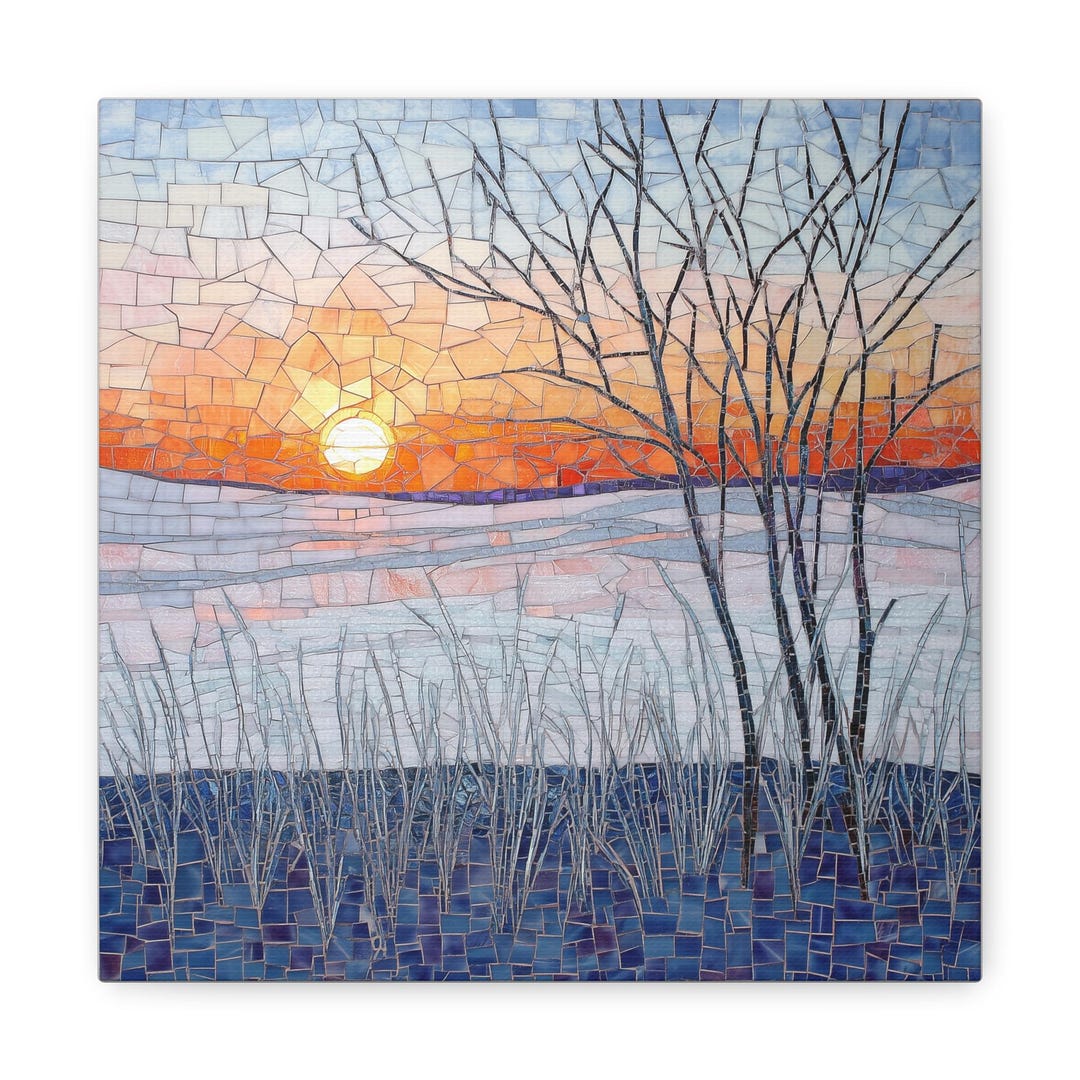 Winter Sunset, Mosaic Artwork Canvas of a Snowy Landscape at Dusk ...