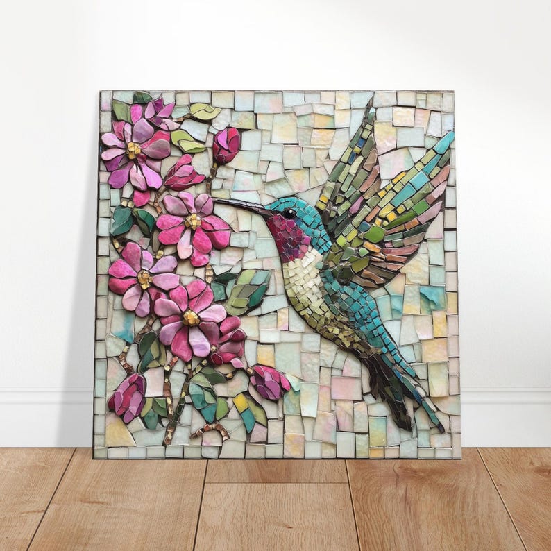 Jeweled Hummingbird Nectar, Mosaic Artwork Canvas of a Bird With ...
