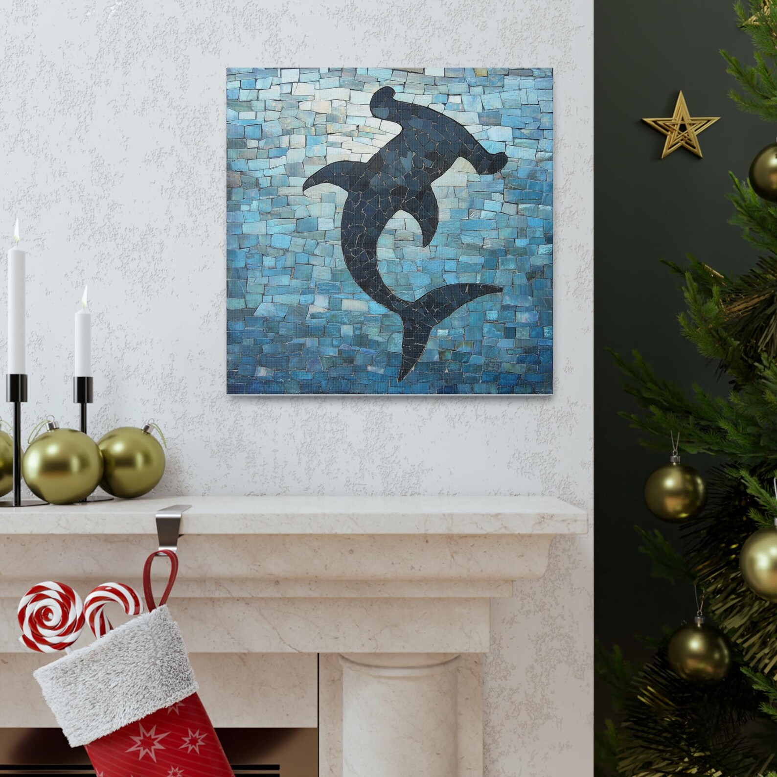 Silhouette Hammerhead, Mosaic Artwork Canvas of a Hammerhead Shark ...