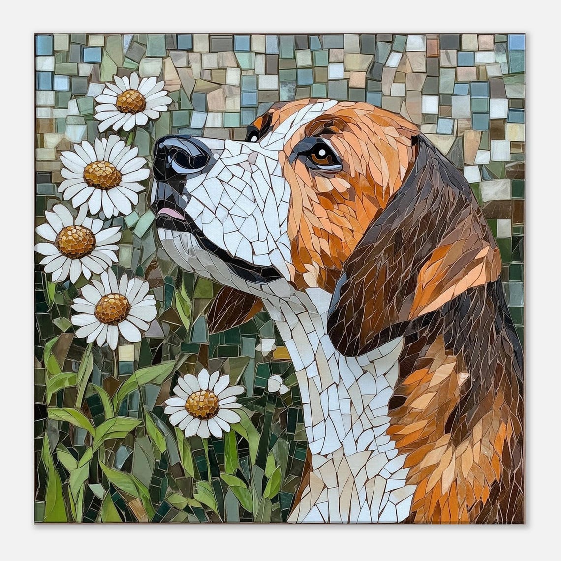 Daisy Dreams Dog, Mosaic Artwork Canvas of a Beagle With Flowers ...