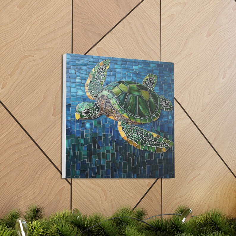 Emerald Sea Turtle, Mosaic Artwork Canvas of a Graceful Green Turtle ...