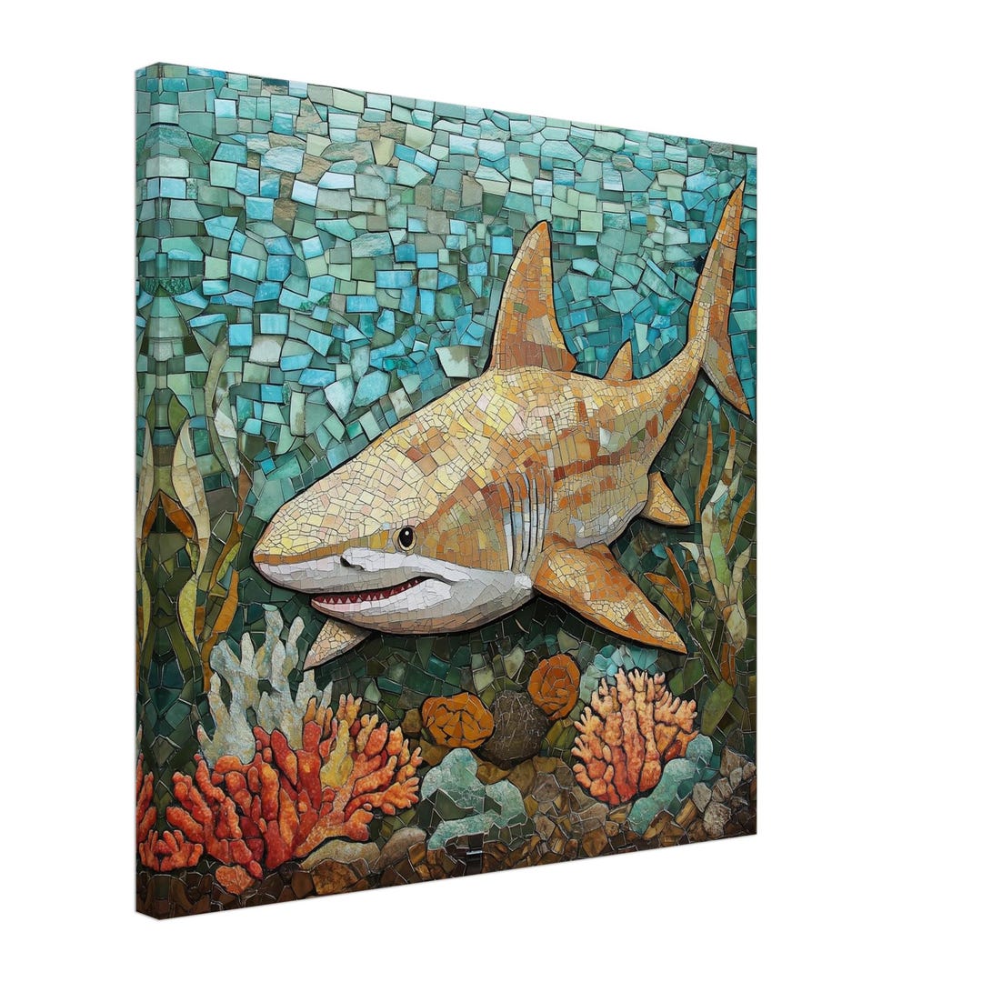 Ocean Predator Reef, Mosaic Artwork Canvas of a Shark, Mosaic Tile Art ...