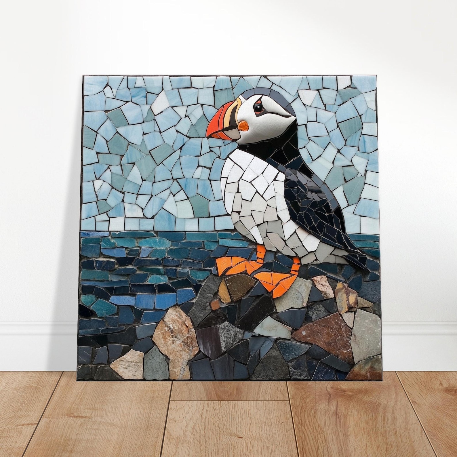 Charming Puffin Perch, Mosaic Artwork Canvas of a Seabird on Rocks ...