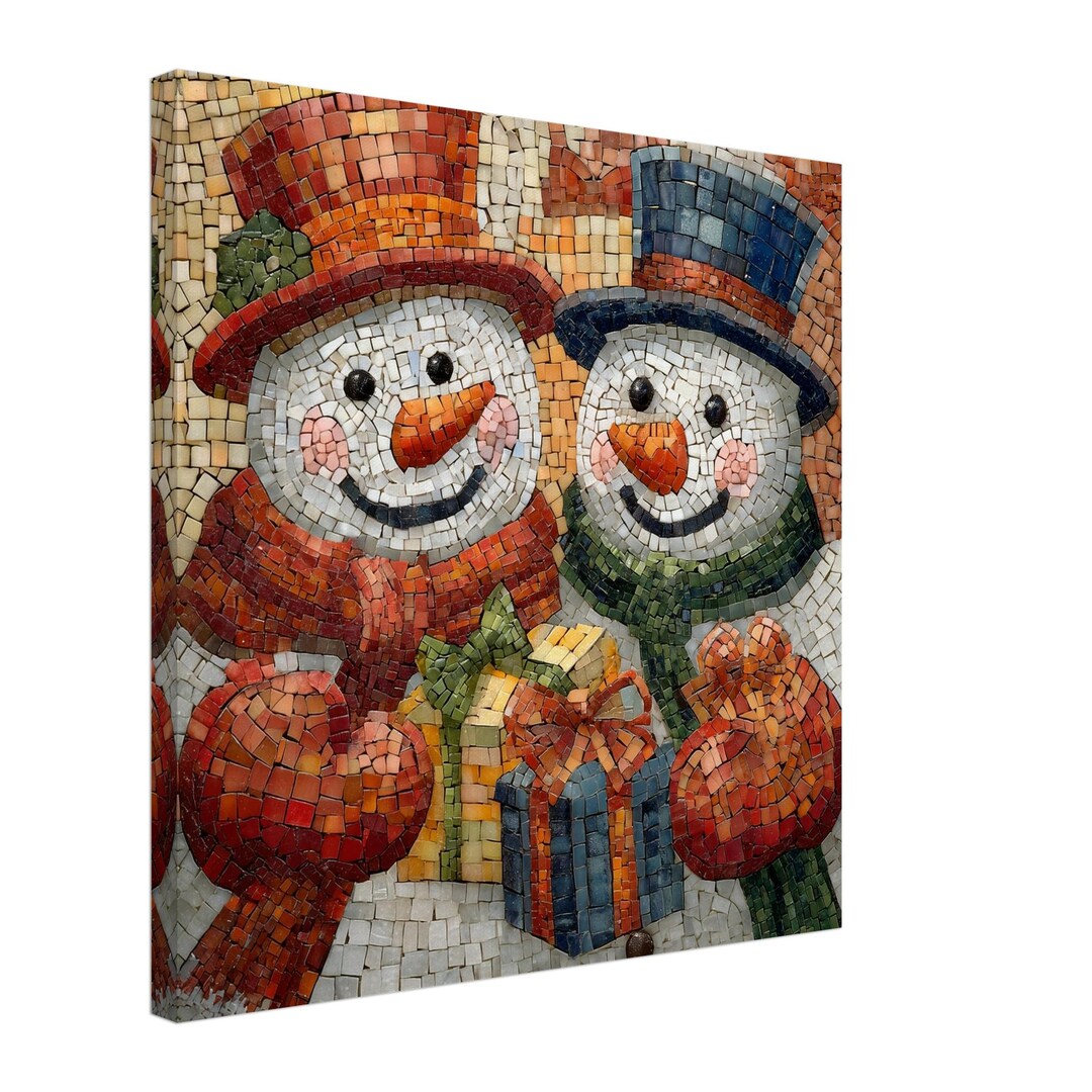 Two Happy Snowmen, Mosaic Artwork Canvas of Two Snowmen With Presents ...