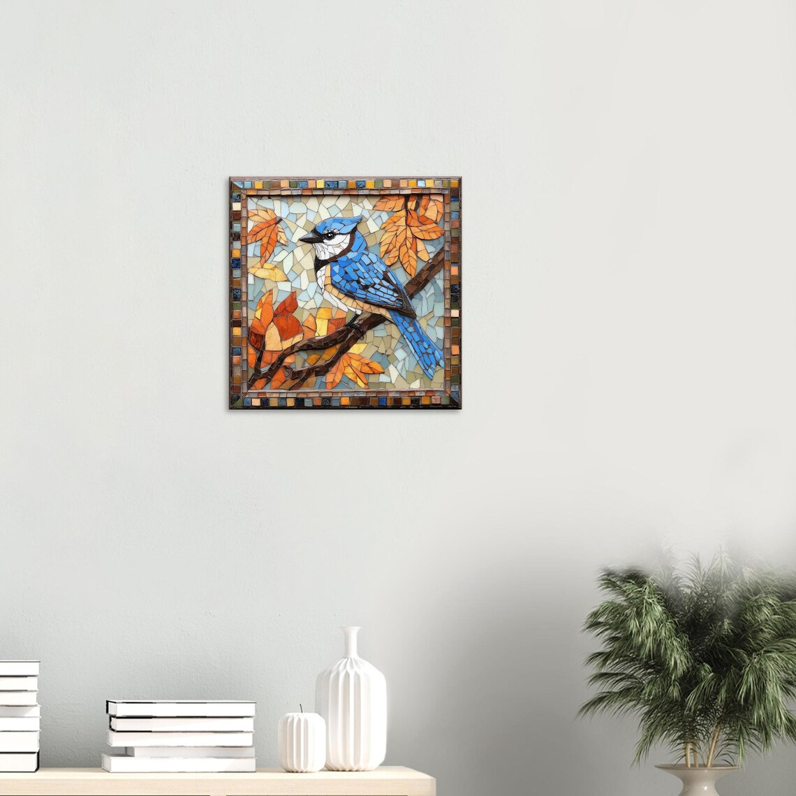 Autumn Blue Jay, Mosaic Artwork Canvas of a Bird on a Branch, Mosaic ...