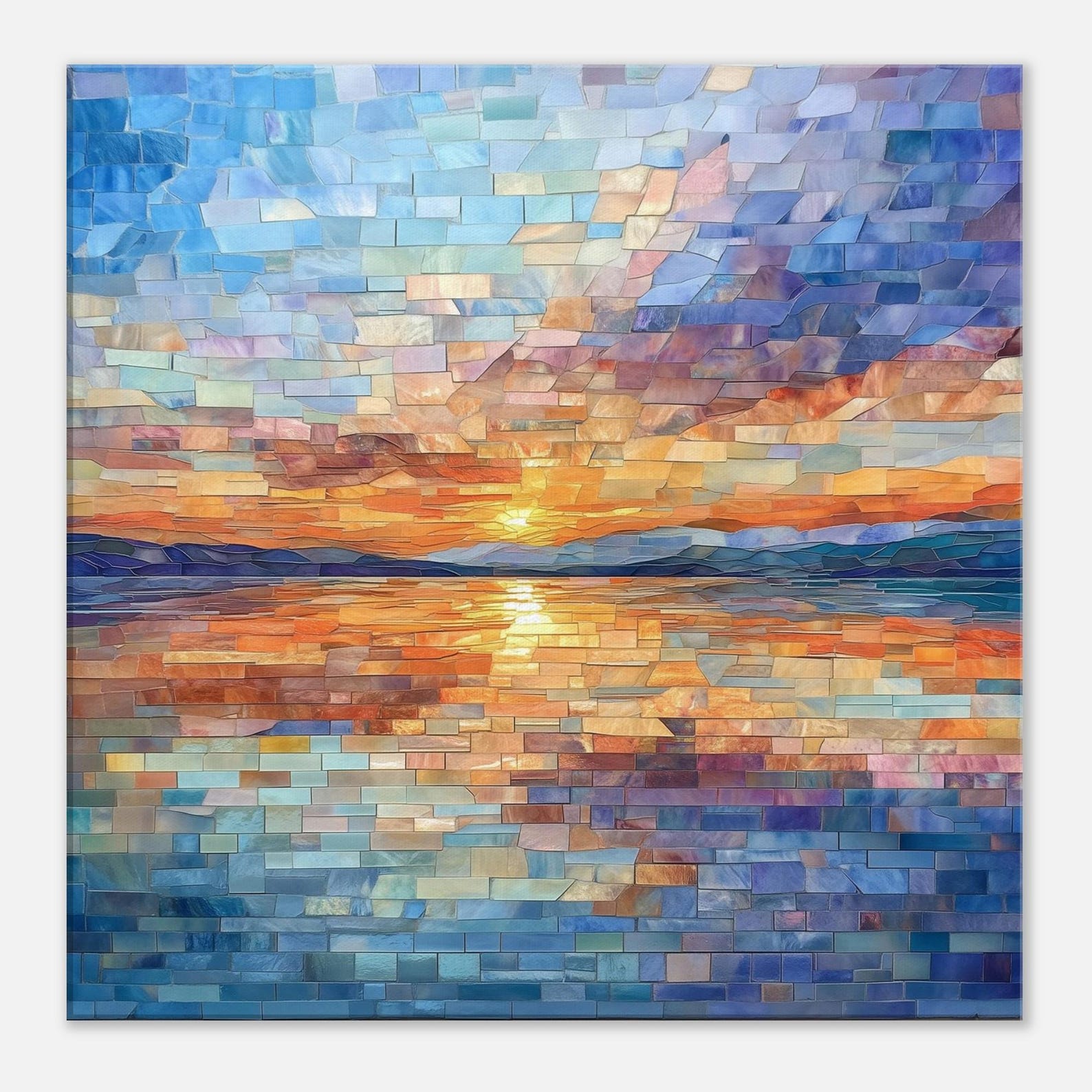 Radiant Horizon, Mosaic Artwork Canvas of a Vibrant Sunset Over Water ...