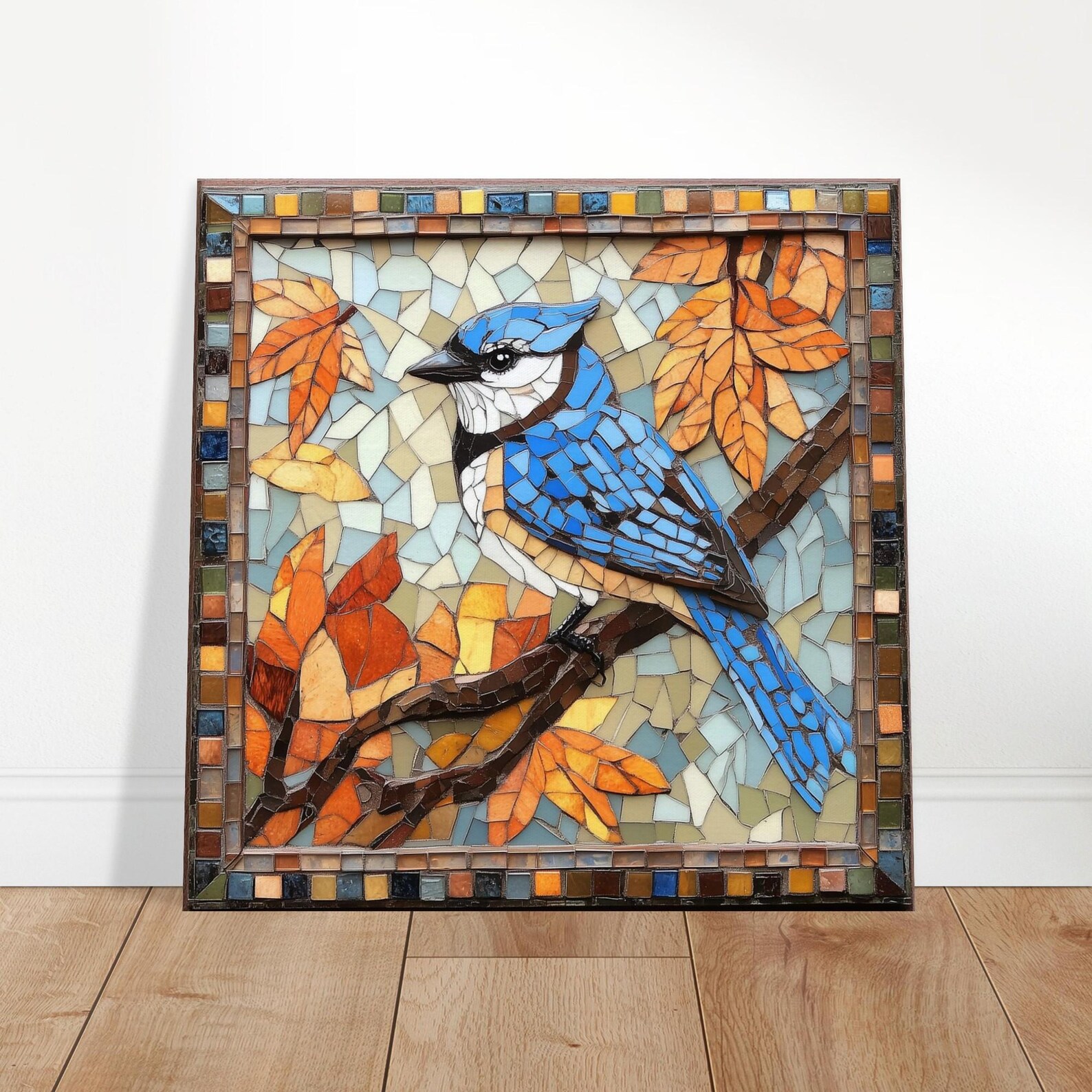 Autumn Blue Jay, Mosaic Artwork Canvas of a Bird on a Branch, Mosaic ...