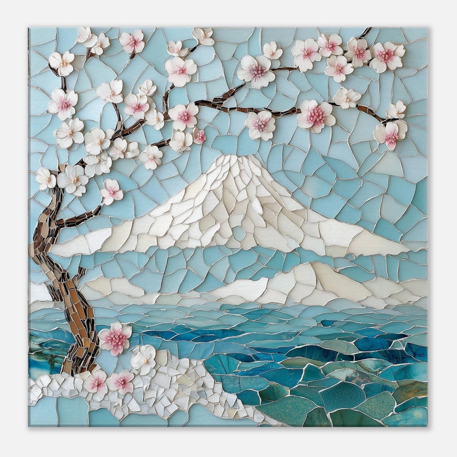 Mount Fuji Bloom, Mosaic Artwork Canvas of Cherry Blossoms and Fuji ...