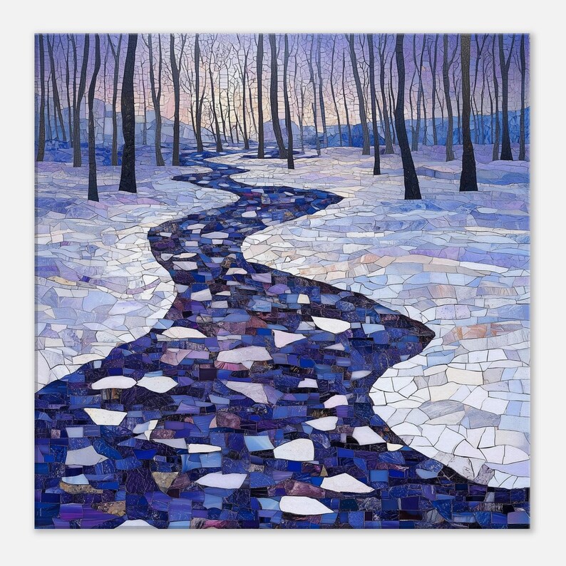 Winter Stream, Mosaic Artwork Canvas of a Snowy Forest Stream, Mosaic ...