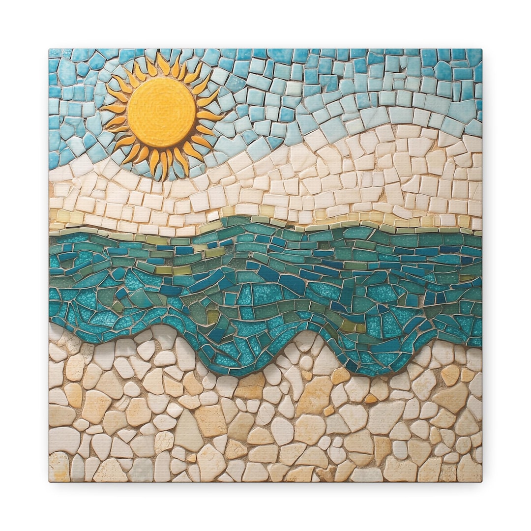 Golden Sunlit Shore, Mosaic Artwork Canvas of a Sunny Beach Scene ...