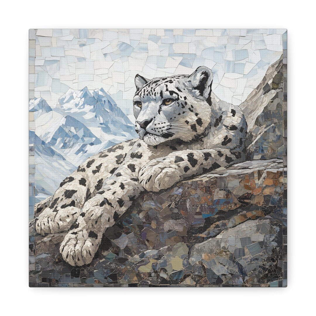 Majestic Snow Leopard - Mosaic Artwork Canvas of a Regal Snow Leopard ...