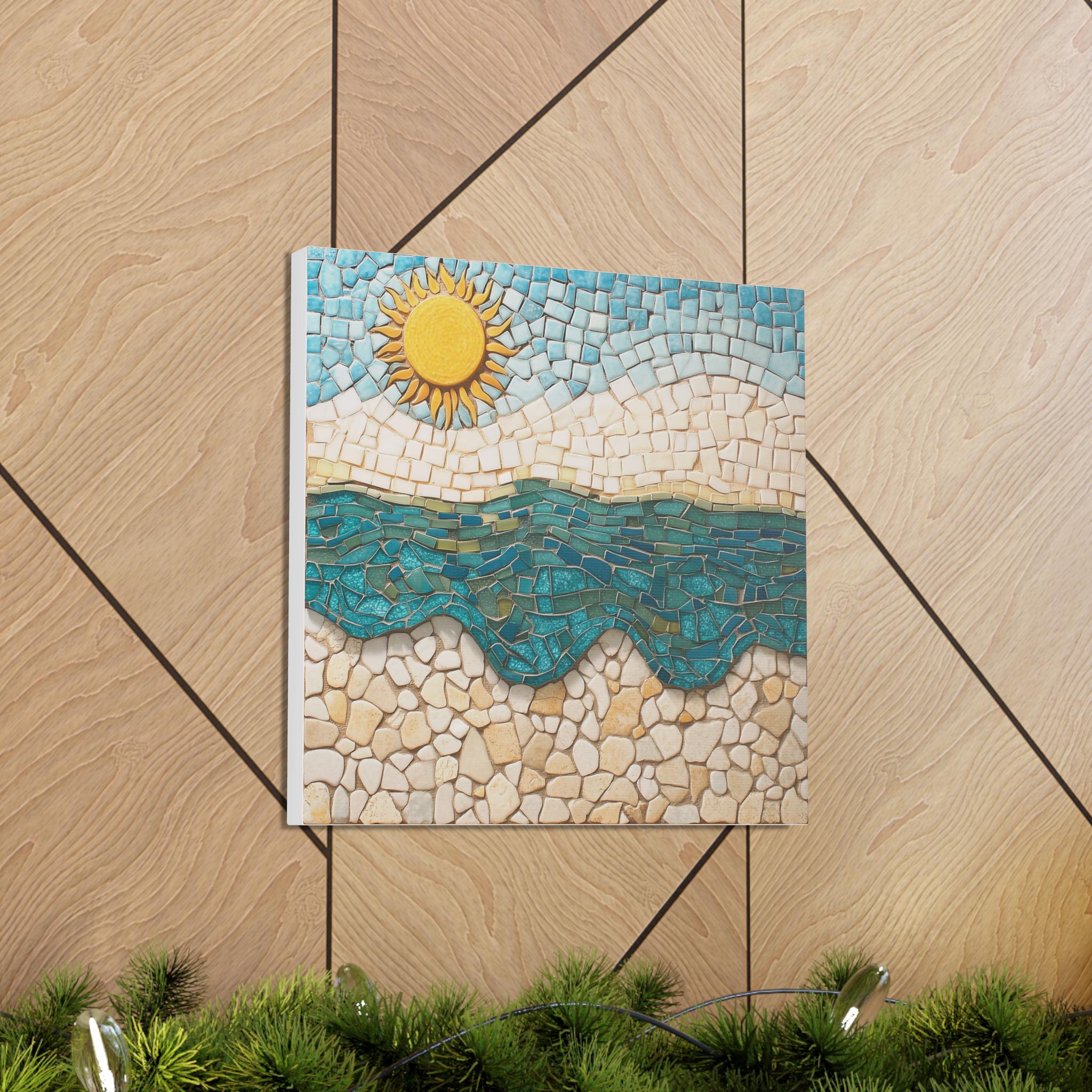 Golden Sunlit Shore, Mosaic Artwork Canvas of a Sunny Beach Scene ...