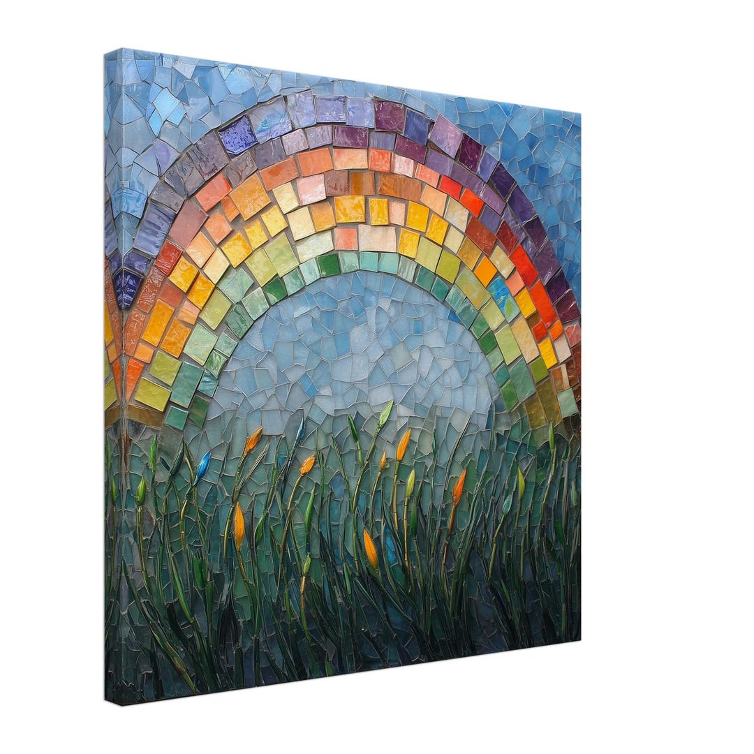 Rainbow Bloom, Mosaic Artwork Canvas of Flowers Under a Rainbow, Mosaic ...