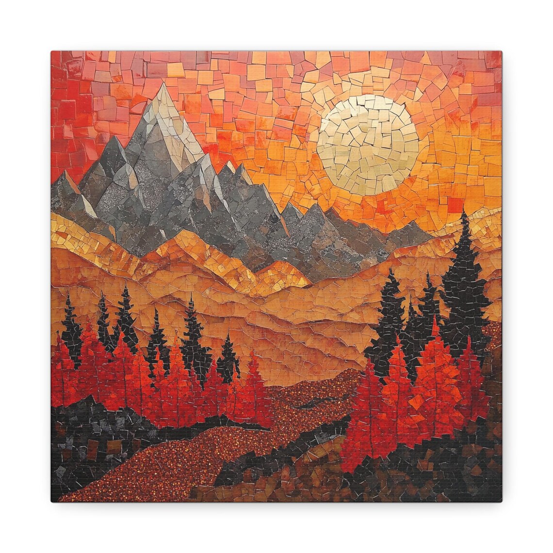 Fiery Mountain Sunset - Mosaic Artwork Canvas of a Majestic Mountain ...