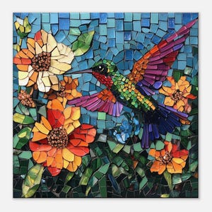 Jeweled Hummingbird Garden, Mosaic Artwork Canvas of a Bird With ...
