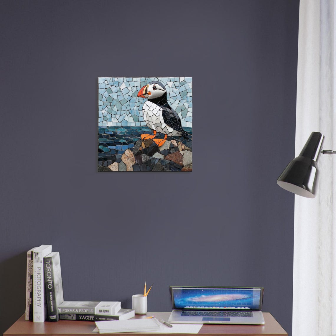 Charming Puffin Perch, Mosaic Artwork Canvas of a Seabird on Rocks ...