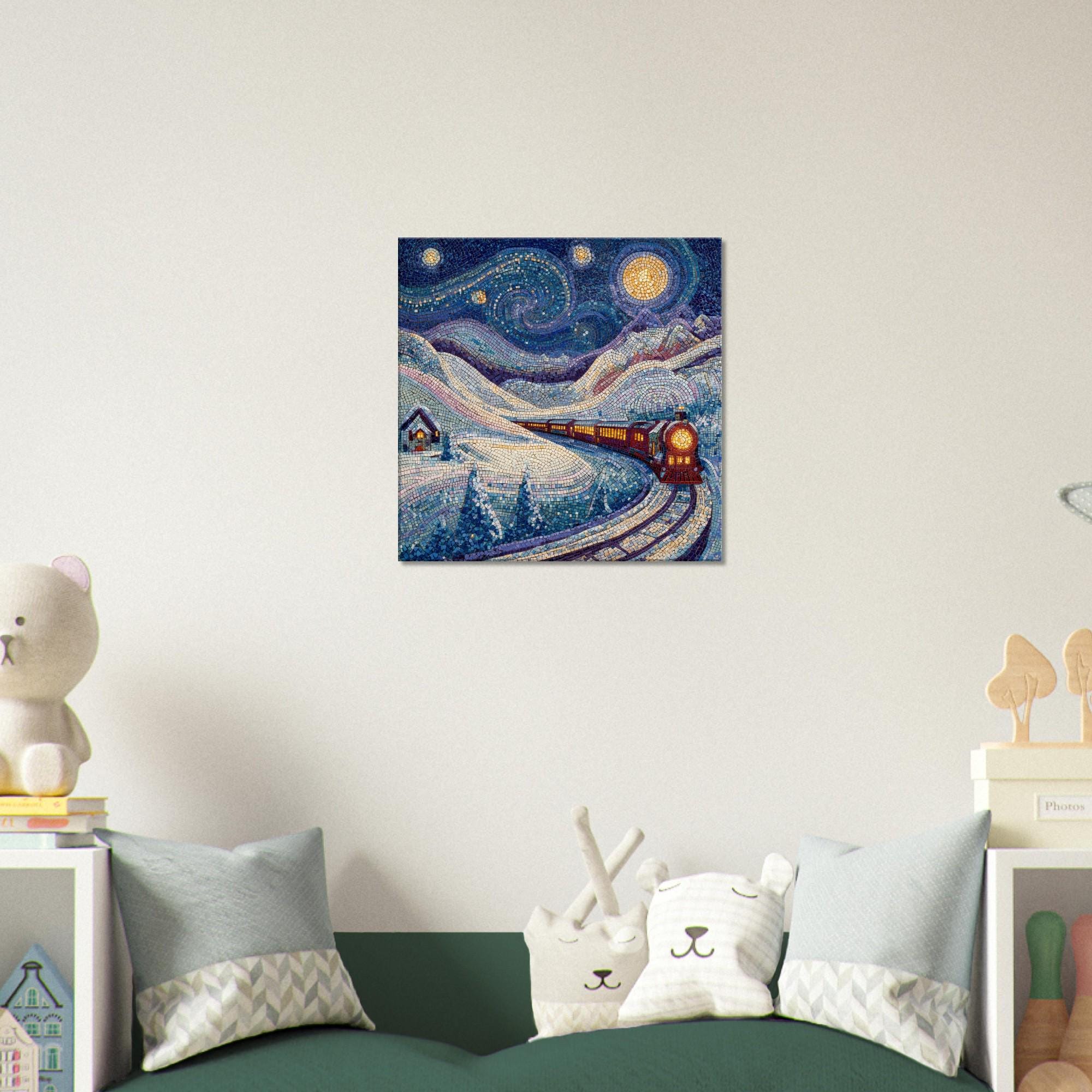 Starry Night Train, Mosaic Artwork Canvas of a Train in a Snowy ...