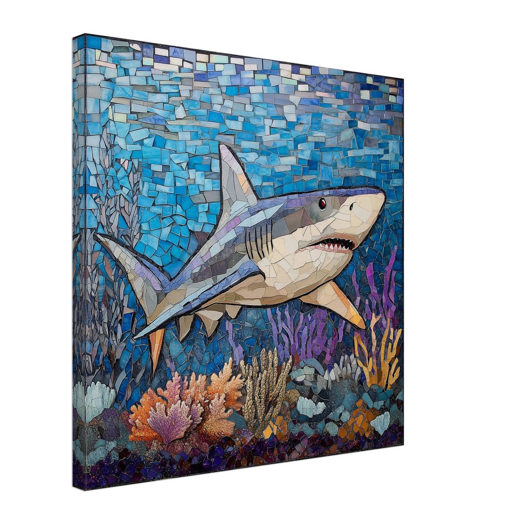 Reef Shark Encounter, Mosaic Artwork Canvas of a Shark and Coral Reef ...