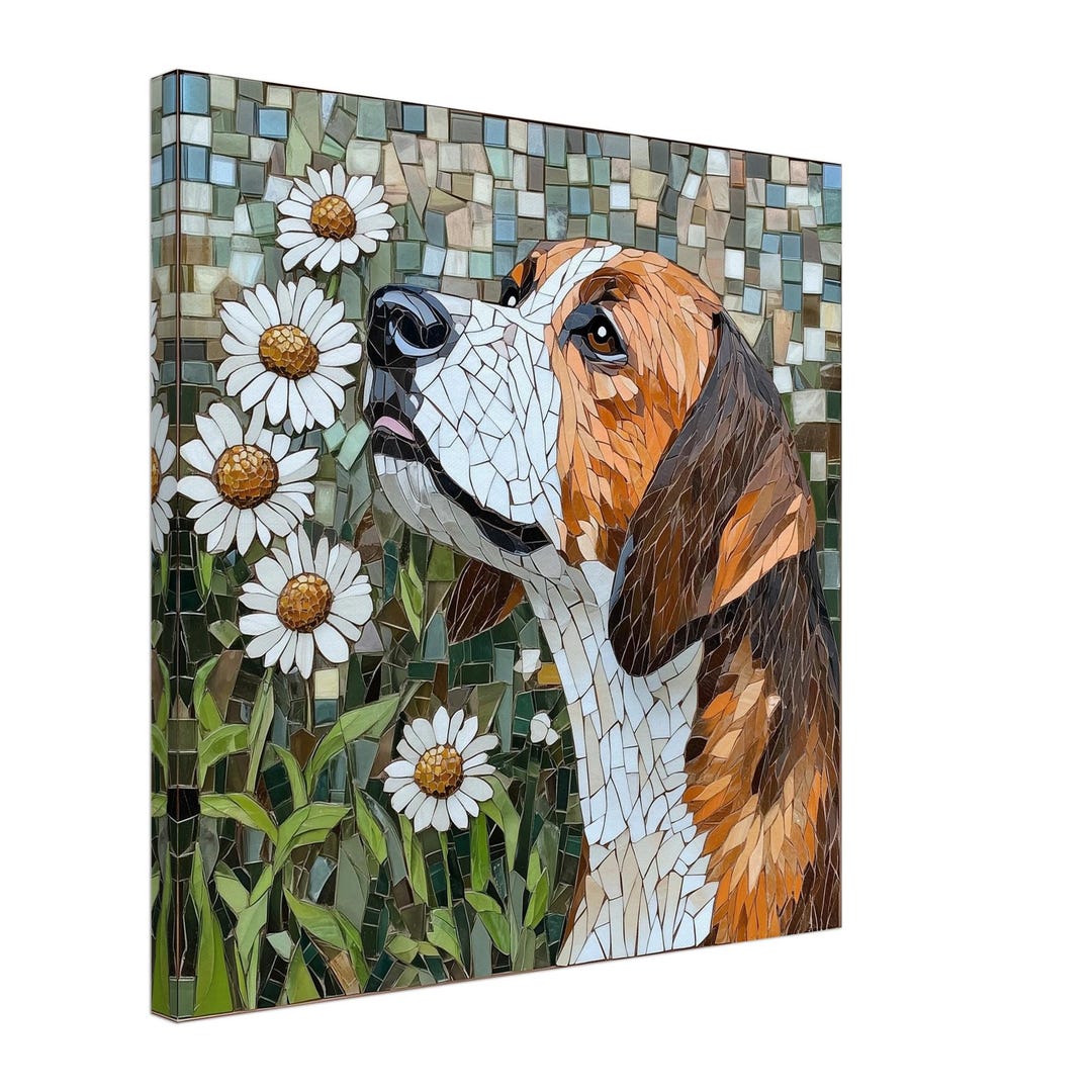 Daisy Dreams Dog, Mosaic Artwork Canvas of a Beagle With Flowers ...