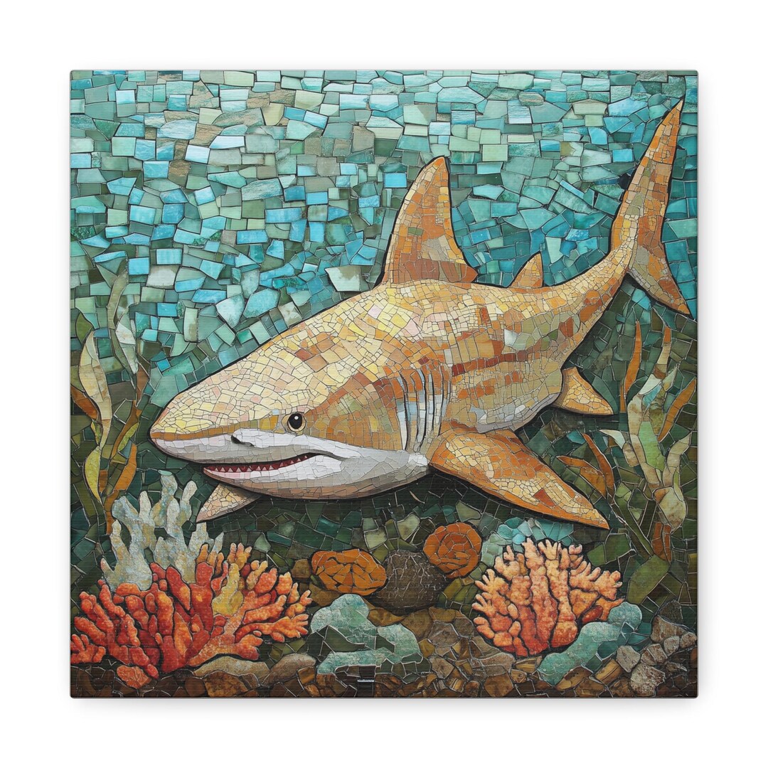 Golden Reef Shark, Mosaic Artwork Canvas of a Shark in a Colorful Coral ...