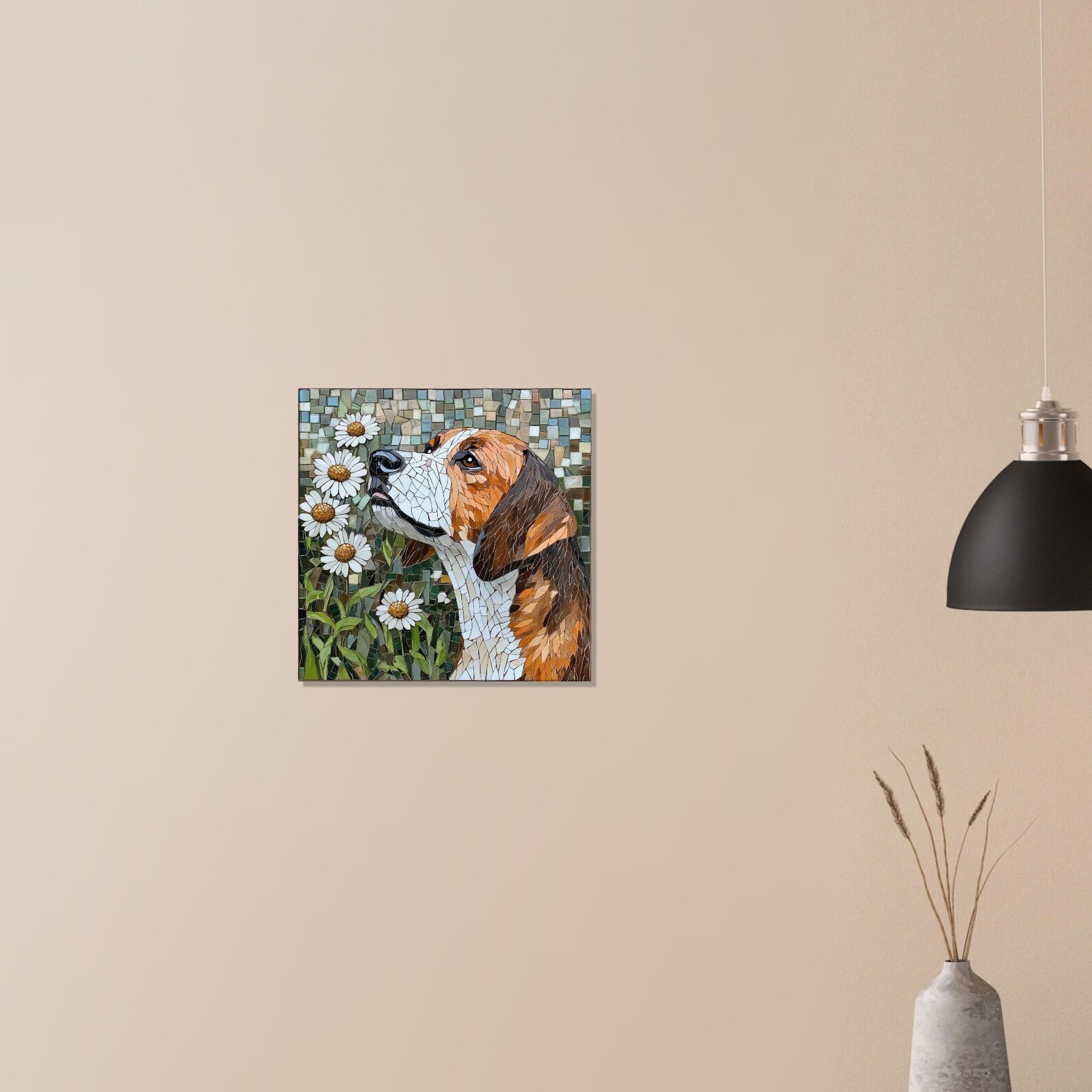 Daisy Dreams Dog, Mosaic Artwork Canvas of a Beagle With Flowers ...