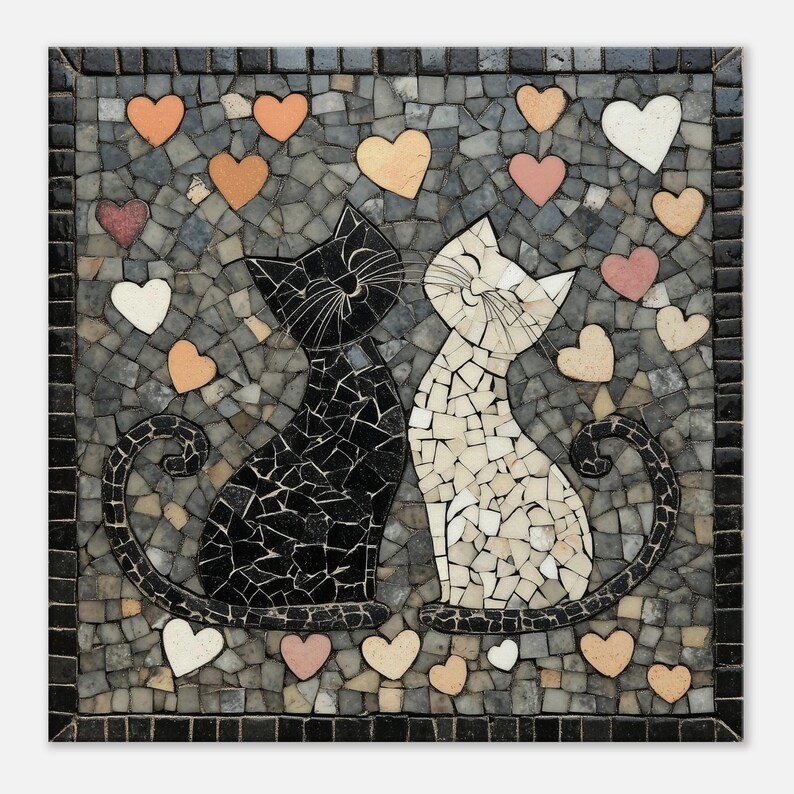 Affectionate Felines, Mosaic Artwork Canvas of Two Cats With Hearts ...