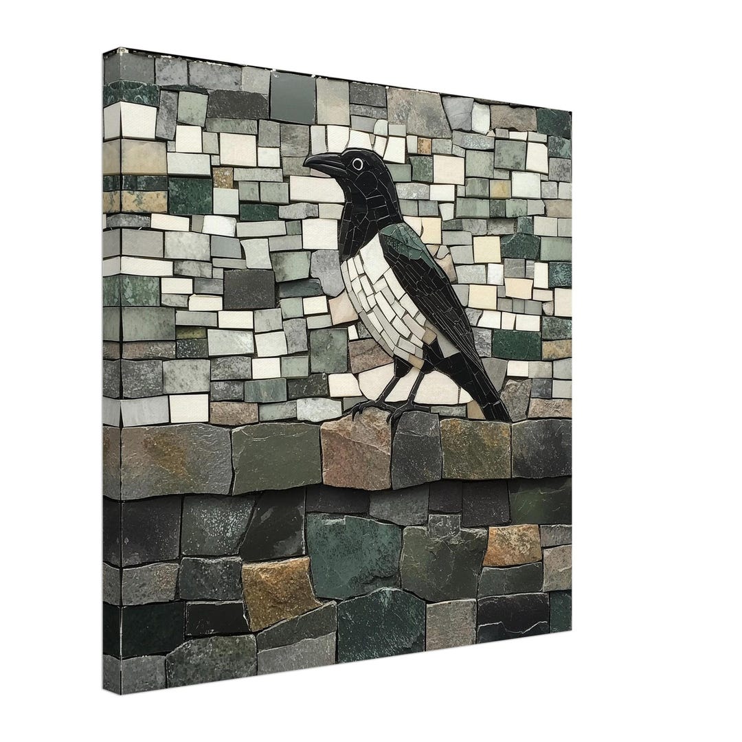 Bold Magpie Perch, Mosaic Artwork Canvas of a Striking Bird, Mosaic ...