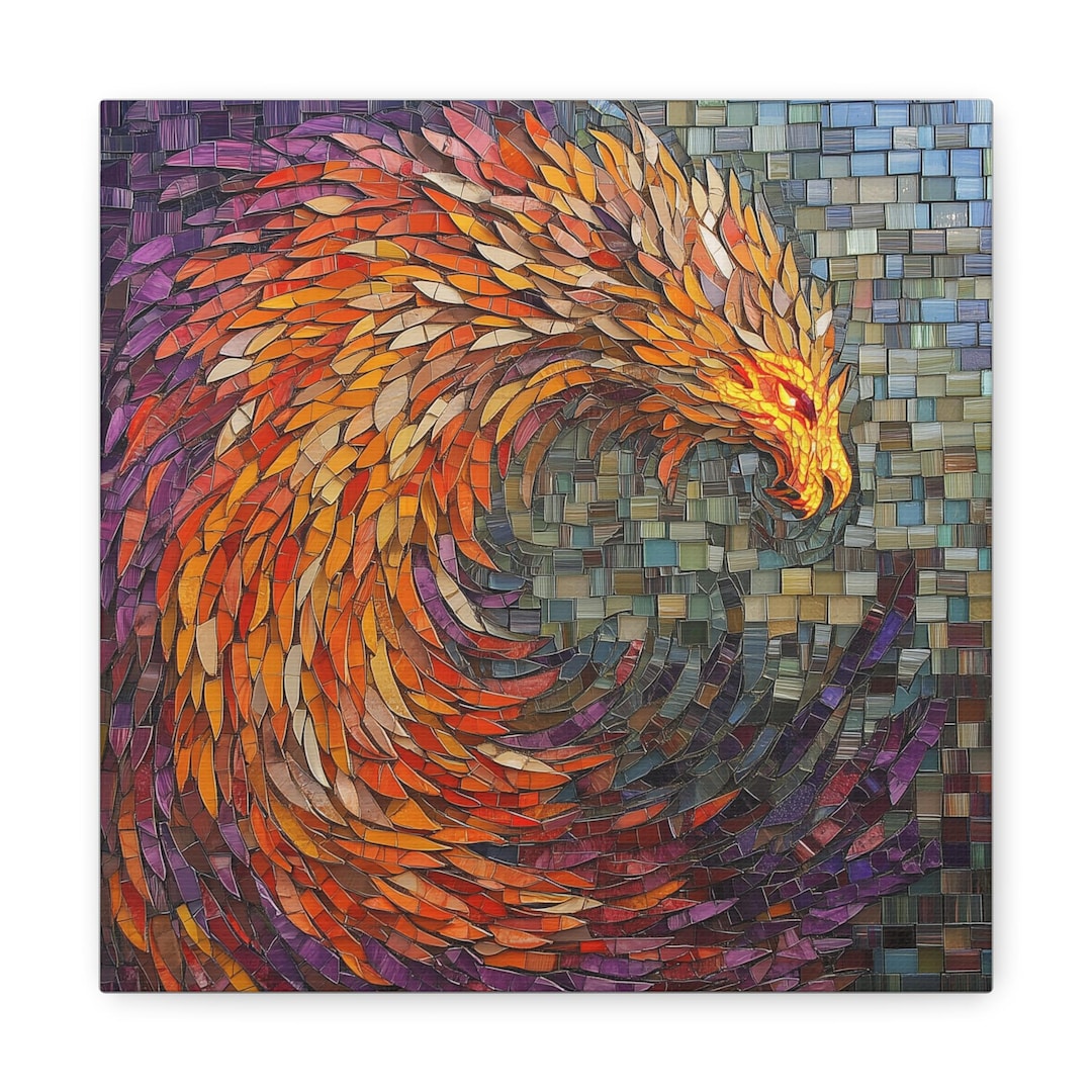 Blazing Tempest - Mosaic Artwork Canvas of a Fiery Dragon in a Swirling ...