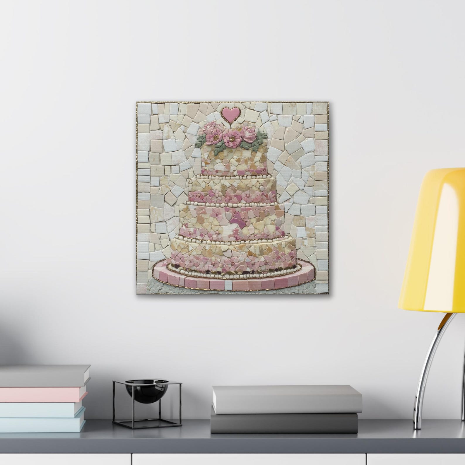 Romantic Wedding Cake, Mosaic Artwork Canvas of a Tiered Cake With ...