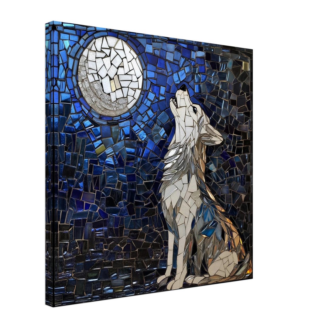 Moonlit Wolf Howl, Mosaic Artwork Canvas of a Howling Wolf, Mosaic Tile ...