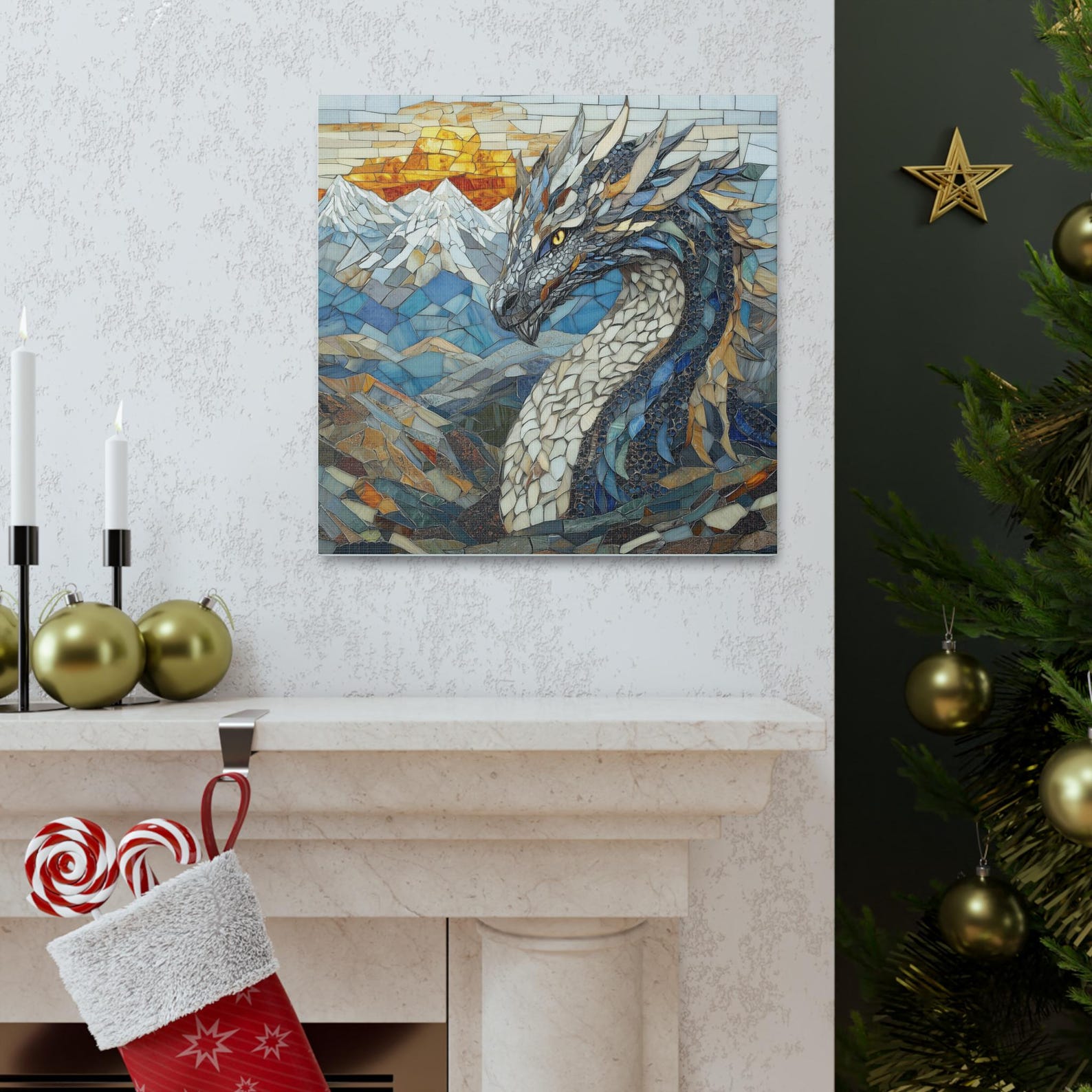 Mountain Monarch - Mosaic Artwork Canvas of a Regal Dragon in a ...