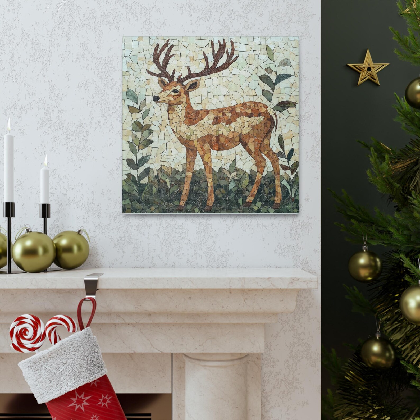 Noble Stag - Mosaic Artwork Canvas of a Majestic Deer - Mosaic Tile Art ...