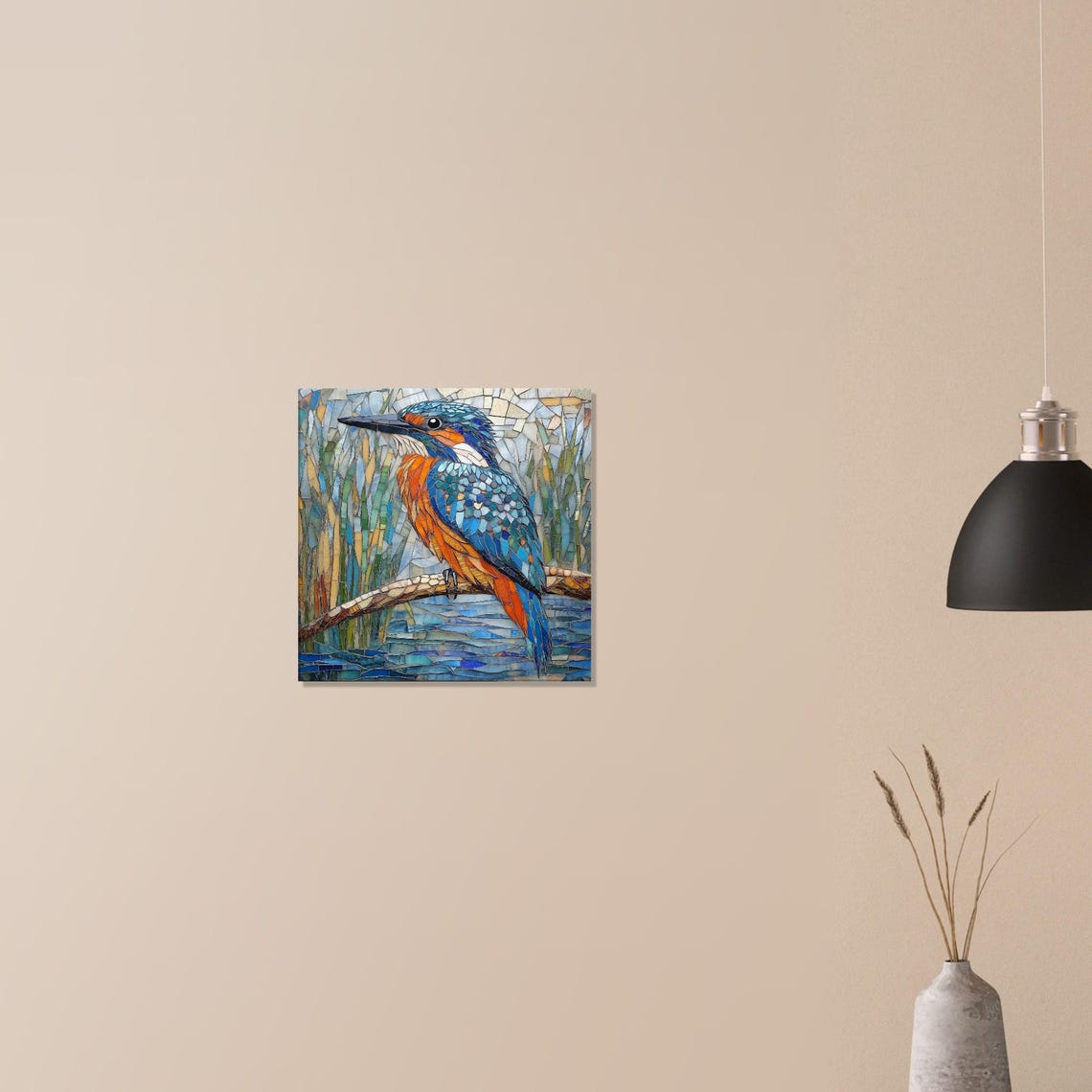 Vibrant Kingfisher Perch, Mosaic Artwork Canvas of a Colorful Bird ...