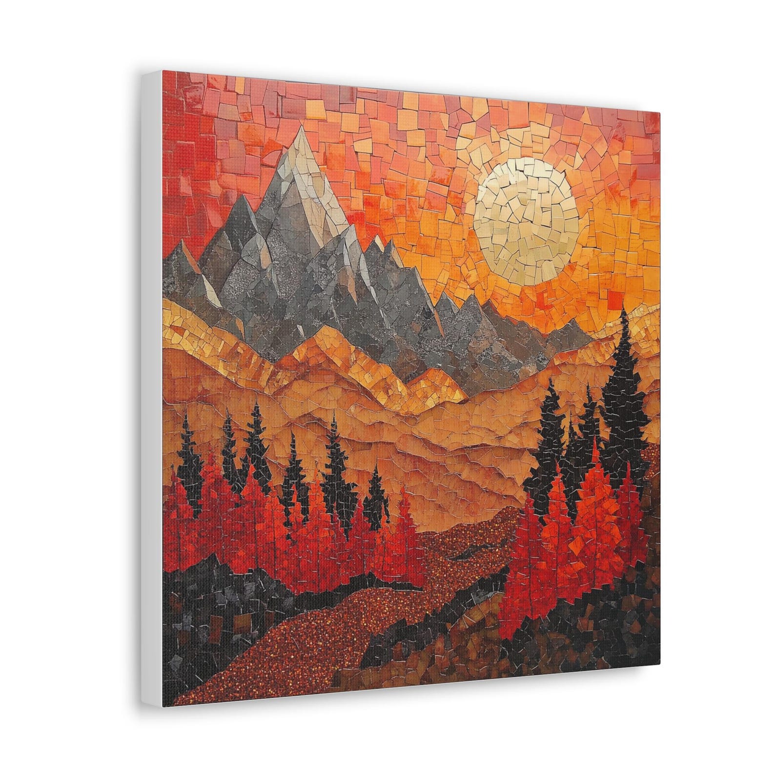 Fiery Mountain Sunset - Mosaic Artwork Canvas of a Majestic Mountain ...