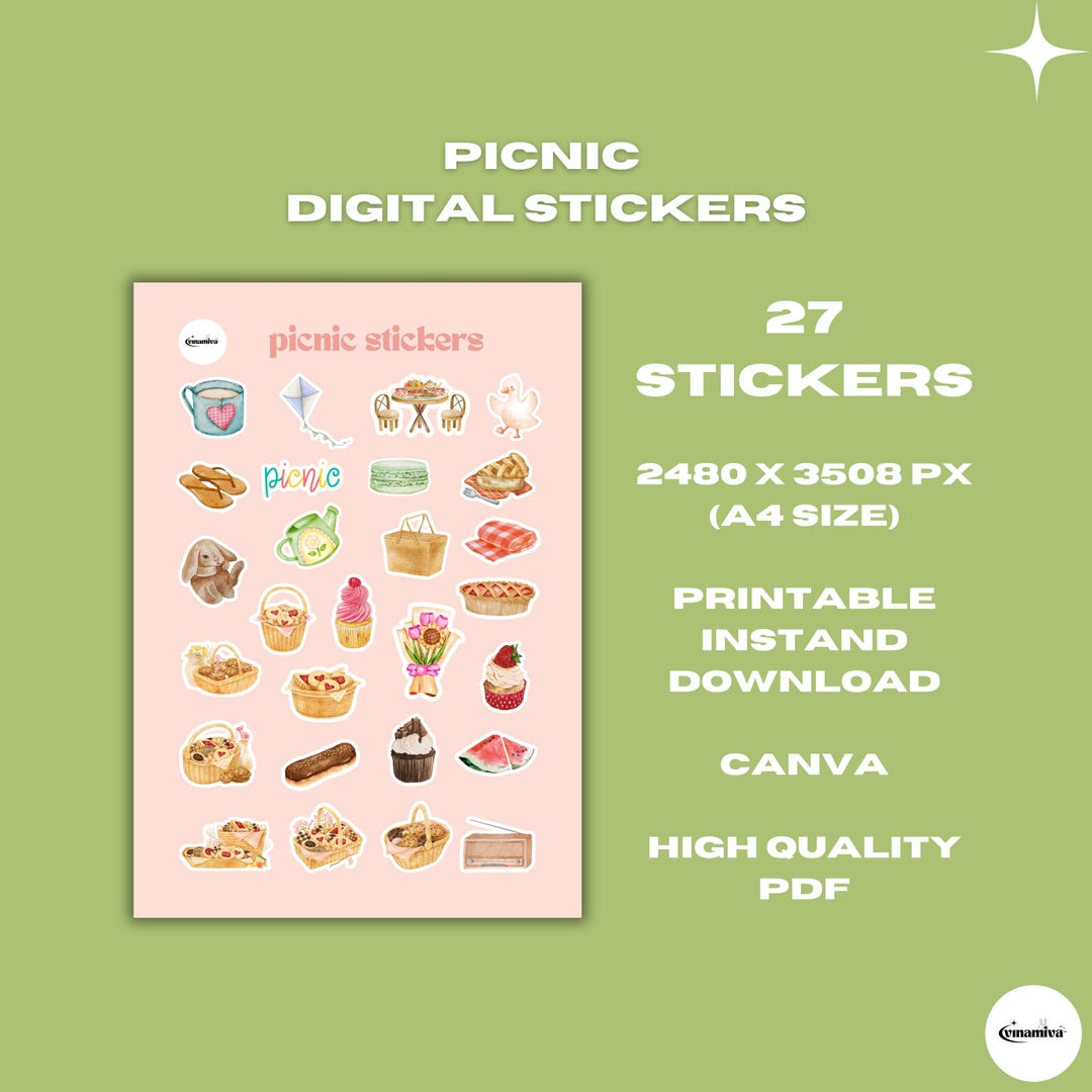 Printable Picnic Themed Stickers, Digital Stickers, Stickers for ...