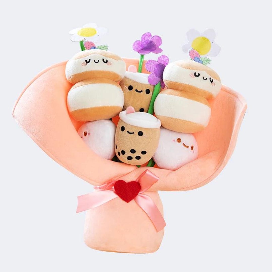 Kawaii Boba Flower Plush Toy Bouquet Bubble Tea Dolls Preserved Flowers ...