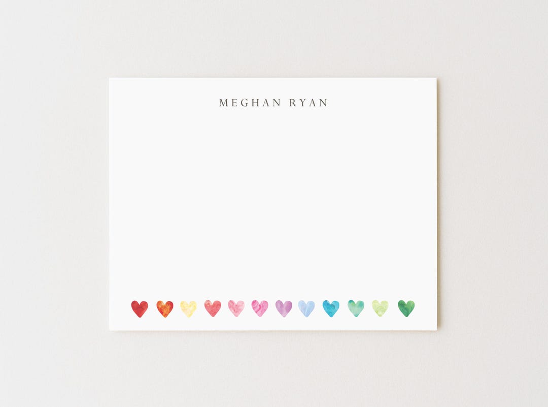 Personalized Flat Note Card Set: Rainbow Hearts Stationery - Etsy