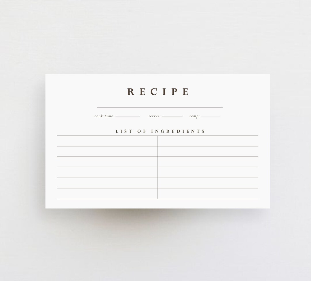 Minimalist Recipe Card, Modern Recipe Card, Simple Card, Double Sided ...