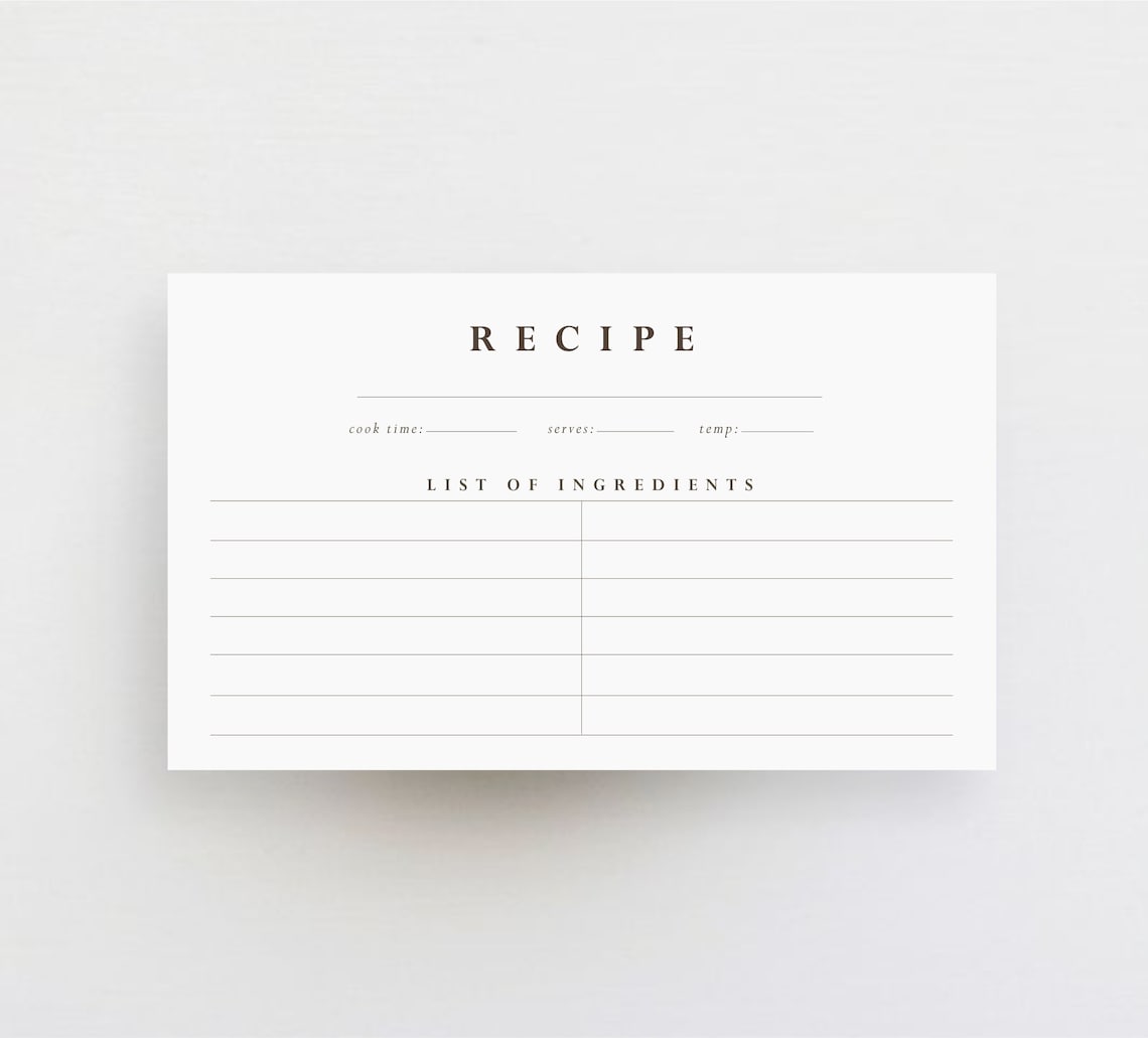 Minimalist Recipe Card Modern Recipe Card Simple Card | Etsy